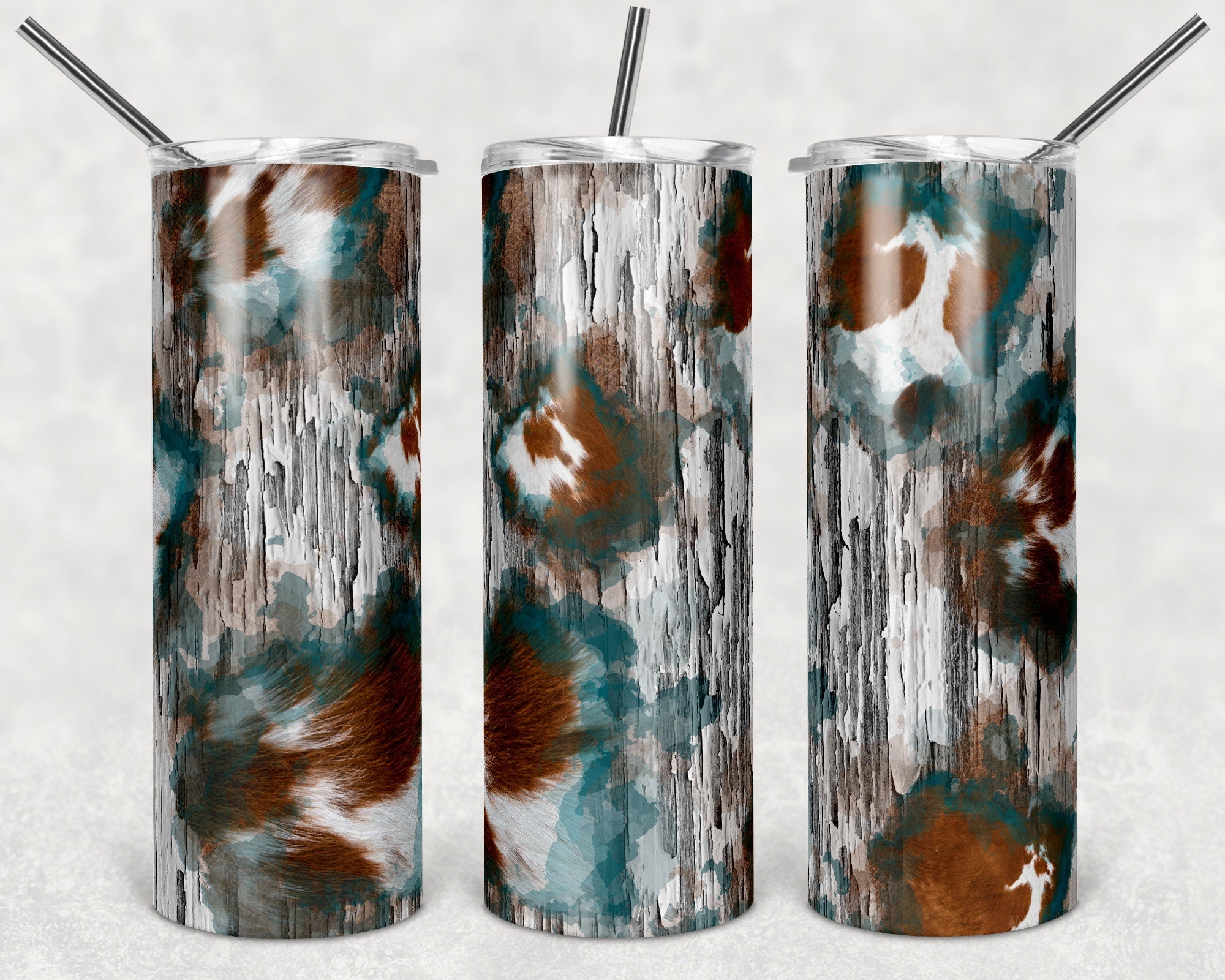 20 oz Skinny Tumbler Design Chipped Wood Cow Hide Background Sublimati ...